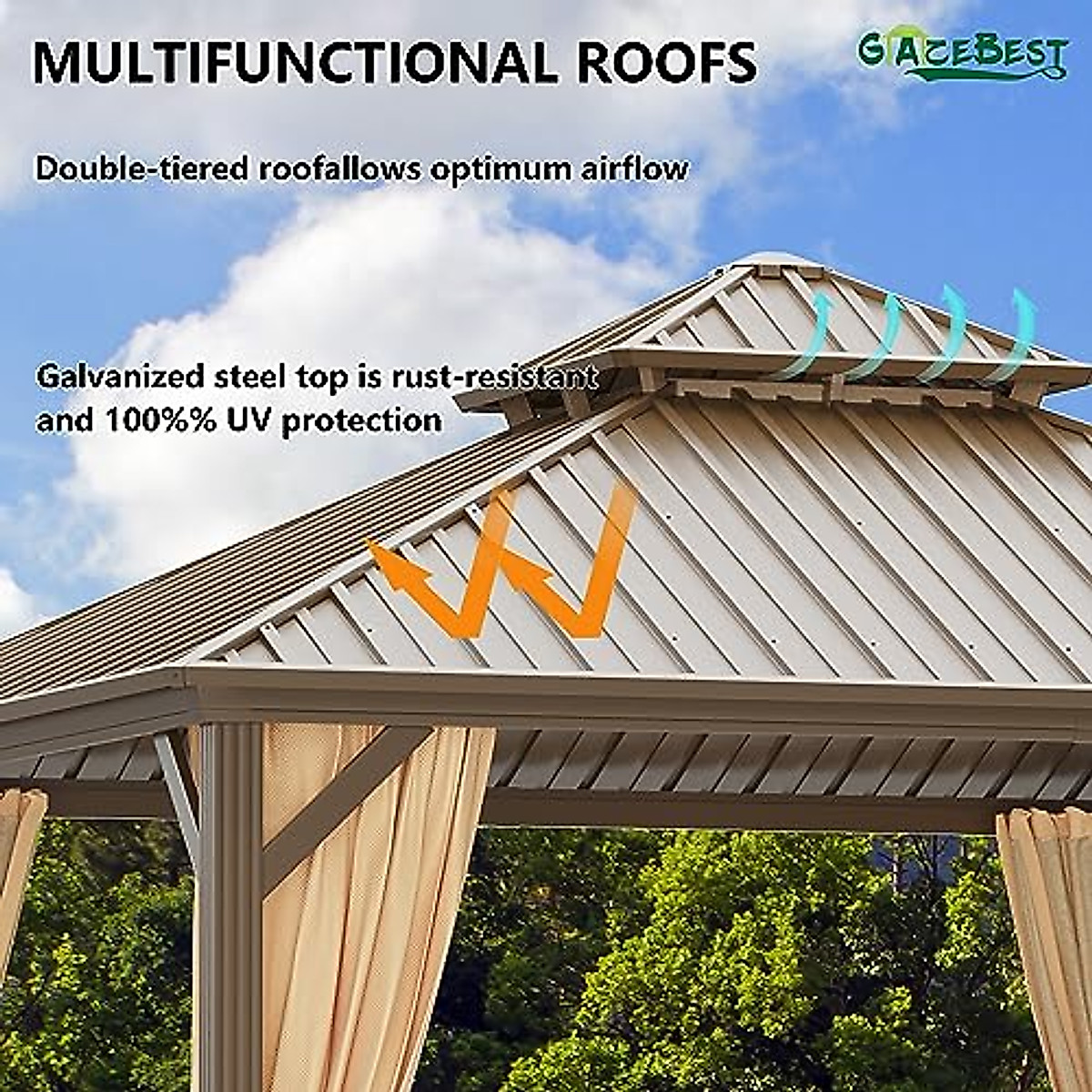 GAZEBEST 12'x12' Hardtop Gazebo, Outdoor Aluminum Patio Gazebo Double Roof Galvanized Steel Canopy with Netting and Curtains,for Garden Patio, Backyard, Deck and Lawns.