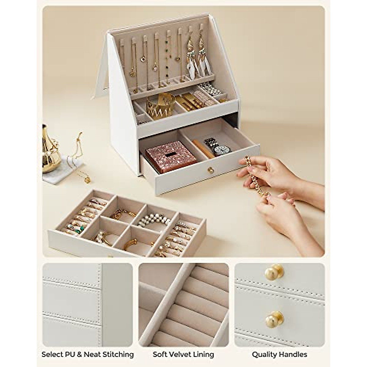 SONGMICS Jewelry Box with Slanted Glass Window, 3-Layer Jewelry Organizer, 2 Drawers, Jewelry Storage, Modern Style, Window Display, Cloud White UJBC163W01