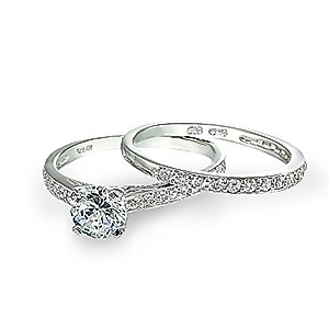 Hoops & Loops Sterling Silver Cubic Zirconia Round-cut Wedding & Engagement Bridal Ring Set, Size 6
