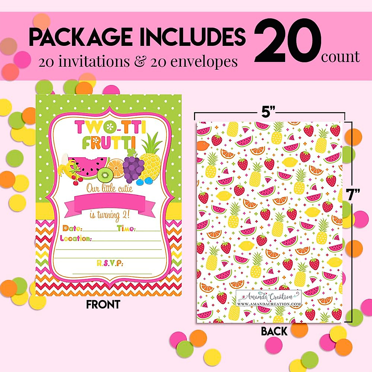 Tutti-Frutti Sweet and Juicy 2nd Birthday Party Invitations, 20 5x7 Fill In Cards with Twenty White Envelopes by AmandaCreation