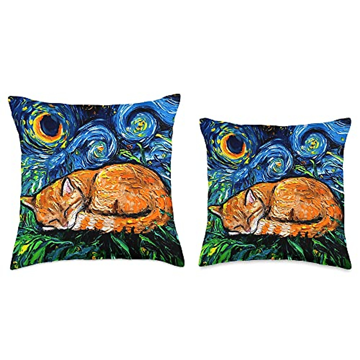 Sagittarius Gallery Orange Tabby Sleeping Cat Starry Night Colorful Art by Aja Throw Pillow, 16x16, Multicolor