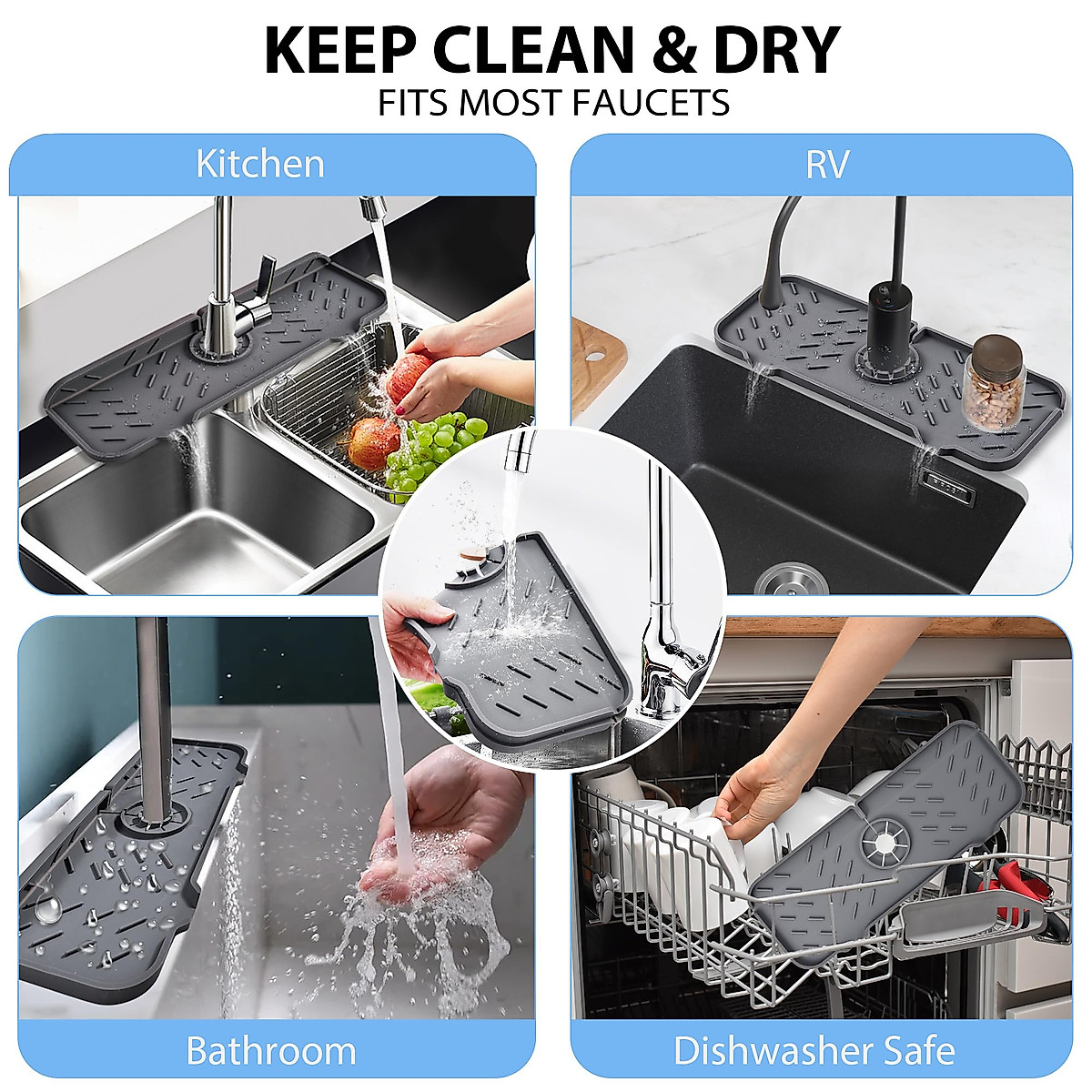 Silicone Faucet Mat for Kitchen, Sink Splash Guard, Sink Draining Pad Behind Faucet, Kitchen Sink Accessories, Faucet Absorbent Mat, Bathroom Faucet Water Catcher Mat (Grey (15.4" x 5.9"))