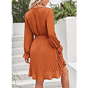 PRETTYGARDEN Women's Casual Spring Fall Dresses Long Puff Sleeve V Neck Pleated Ruffle Flowy Belted Dress (Brick Red,Medium)