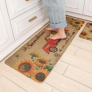 INFISIBLE Sunflower Kitchen Rugs Farmhouse Style Sets of 2 Yellow Sunflower Red Truck Kitchen Farmhouse Decor Summer Kitchen Floor Linen Rugs and Mats Non Slip Washable, 17x29 and 17x47 Inch