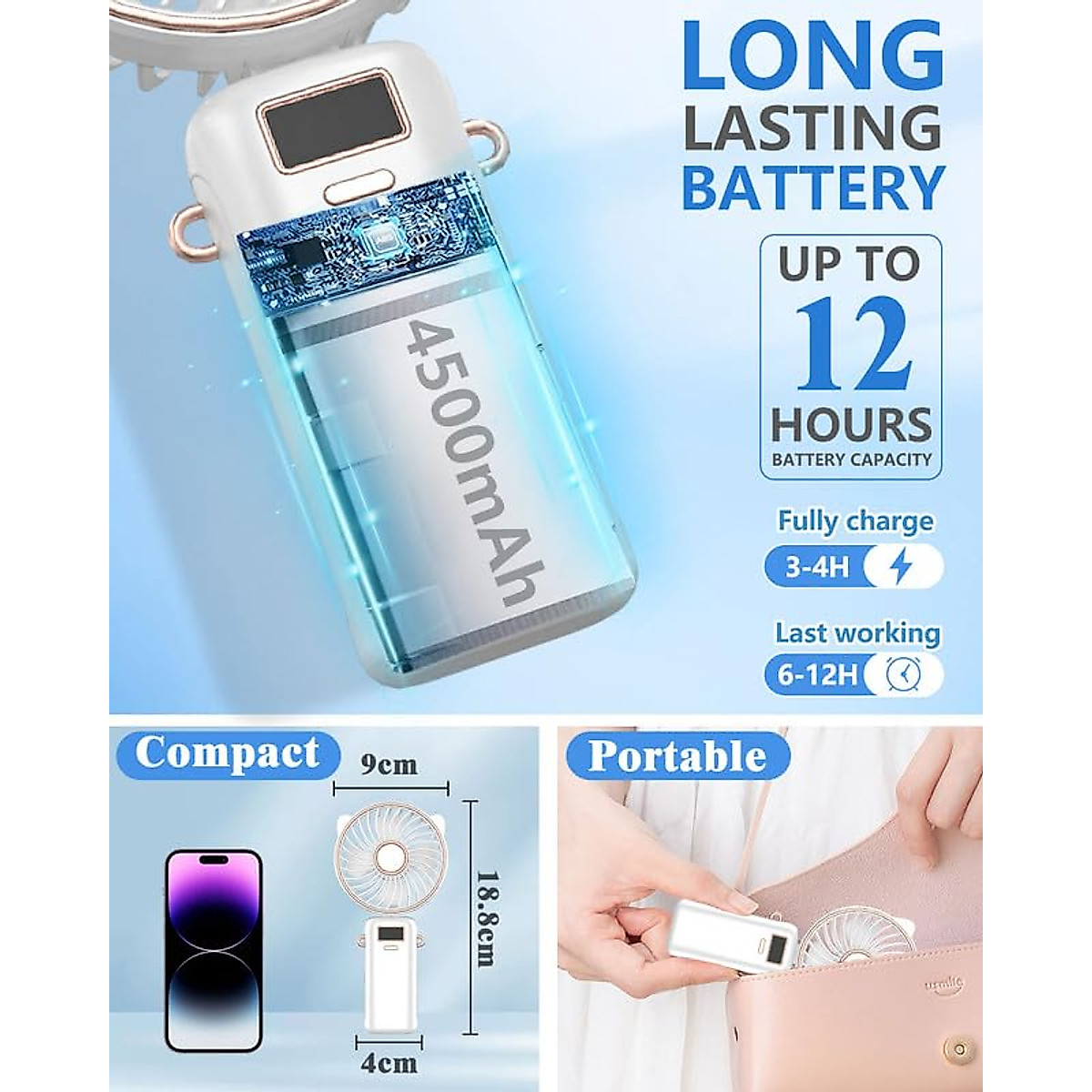 Portable Fan for Travel,Mini Fan Handheld Fan 4500mAh,Small Personal Hand Fan Rechargeable Battery Operated Hand Held Fan,Little Cute Face Facial Fans,Ventilador Portatil for Women Kids Gifts White