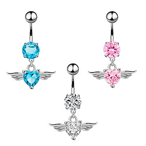 Happyyami 3pcs Dangle Belly Button Rings Stainless Steel Angel Wing Belly Rings Navel Rings Belly Piercing Studs Barbell Body Piercing Jewelry for Woman 3. 5x2cm