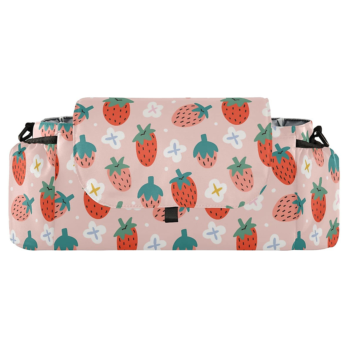 Pink Strawberries Flowers Stroller Organizer with Cup Holder Universal Stroller Organizer Bag Detachable Shoulder Strap Stroller Accessories for Diaper Snacks Toys Keys Fit All Baby Stroller