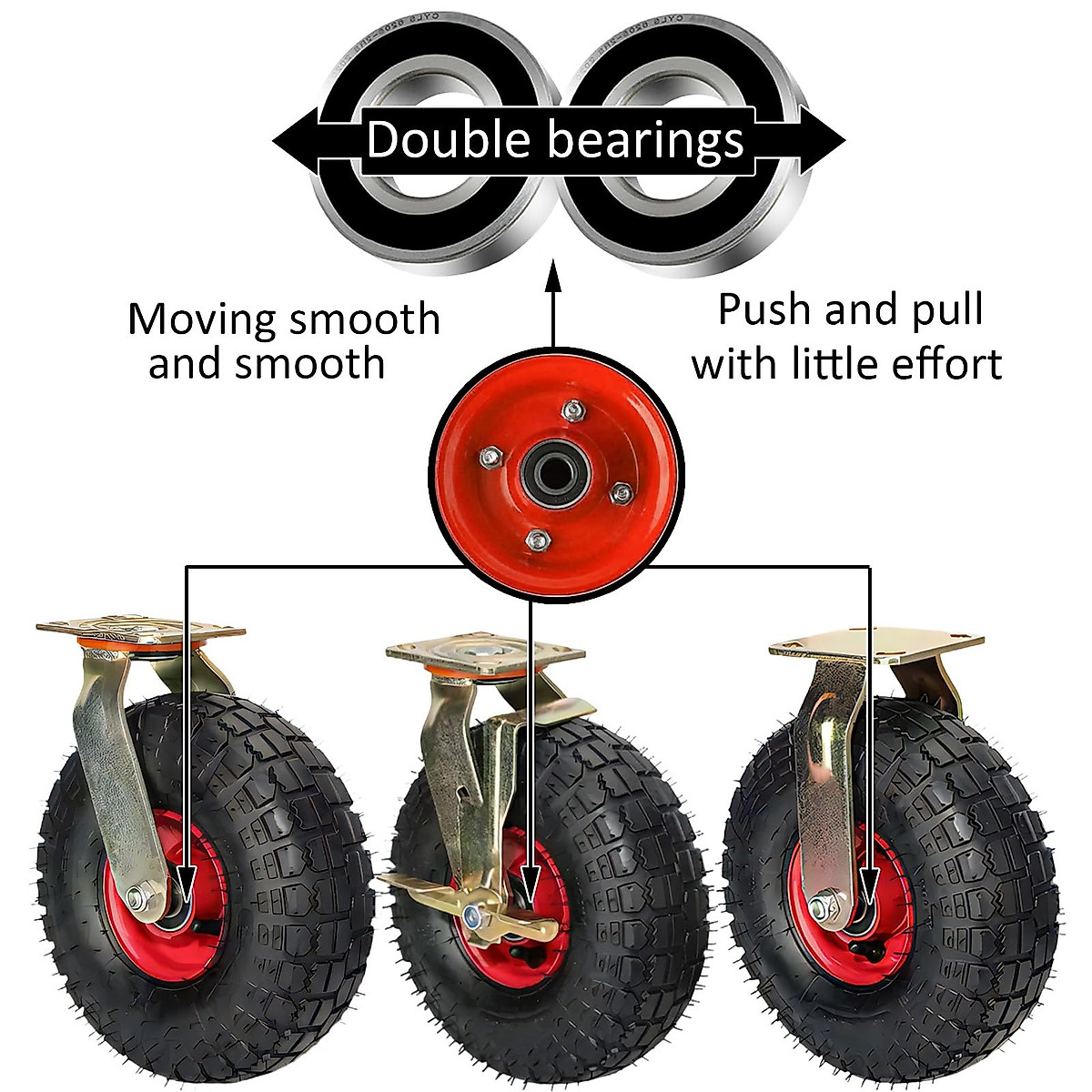 8/10-Inch Heavy Duty Fixed Caster, No Noise Swivel Castors with Brakes, 4pcs Shock Absorption Pneumatic Caster Wheel for Hand Truck/Trolley/Garden Utility Wagon Cart