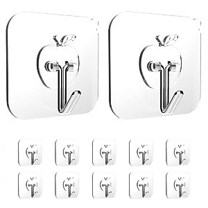 NileHome Adhesive Hooks for Hanging 12 Packs Heavy Duty Wall Hooks Reusable Removable Waterproof Bathroom Hooks Transparent Sticky Hooks for Kitchen Glass Door