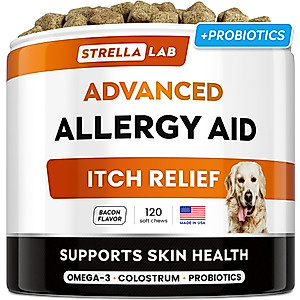 StrellaLab Dog Allergy Relief & Anti Itch Support Chews w/Omega 3: Real Ingredients, Real Taste! Skin & Coat Immune Supplement w/Fish Oil, Pumpkin & Enzymes — Developed by Experts - Made in USA -120Ct