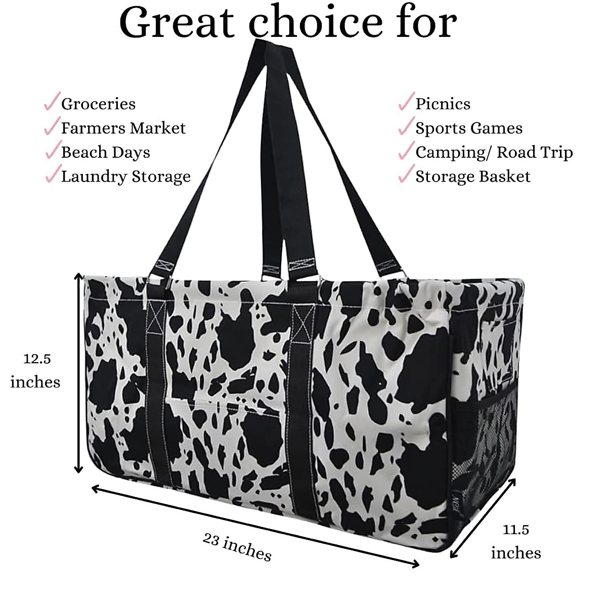 NGIL Extra Large Utility Tote Reusable Grocery Organizing Bag Oversized Collapsible for Storage, Picnic,Car, Beach (Cow Splatter Print-black)