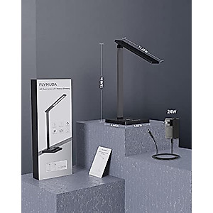 Flymuda LED Desk Lamp with 15W Wireless Charger & USB Charging Port, EyeCare Desk Light with 3 Lighting Modes, 5 Brightness Levels, Touch Control, 24W Adapter, Black Desk Lamp for Home Office
