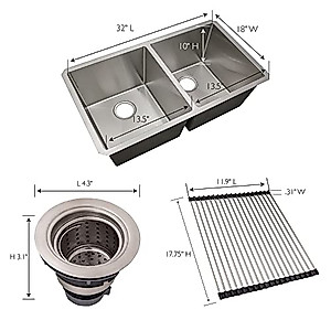 Design House 110080 Rectangular Double Bowl 32x18x10-inch 18-Gauge Undermount Stainless Steel Kitchen Sink Combo with Sink, Roll-Up Drying Rack and Drain Strainer Basket