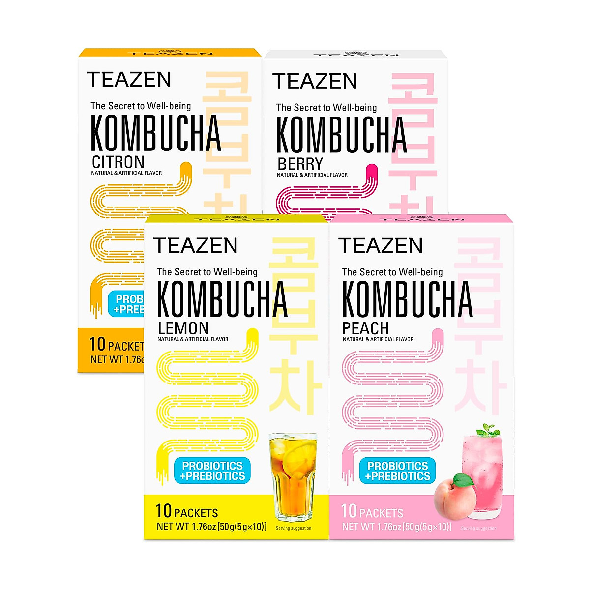 TEAZEN Kombucha 4 Flavors 40 Sticks Variety Pack, Kombucha Lemon, Peach, Berry Citron (40 Sticks)