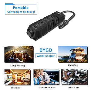 BYGD 150W Car Power Inverter for Vehicles, DC 12V to 110V AC Car Plug Adapter Outlet Converter with 1 Cigarette Lighter Socket, 3 AC Outlets, Dual 4.8A Fast Charging USB Ports for Digital Devices