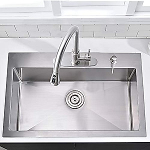 33-inch Drop In Kitchen Sink Stainless Steel -VOKIM 33 Inch Topmount Drop-in Single Bowl Handmade Stainless Steel 16 Gauge Kitchen Sink, With Dish Grid and Basket Strainer,Soap Dispenser
