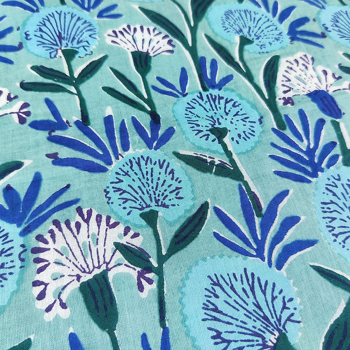 Craftbot Hand Block Print Fabric by The Yard - PRECUT 1 Yard 42 Inch Width - 100% Cotton Material - Aqua and Blue Floral Pattern - Light Weight Indian Cloth for Making Summer Dress Tops Project etc