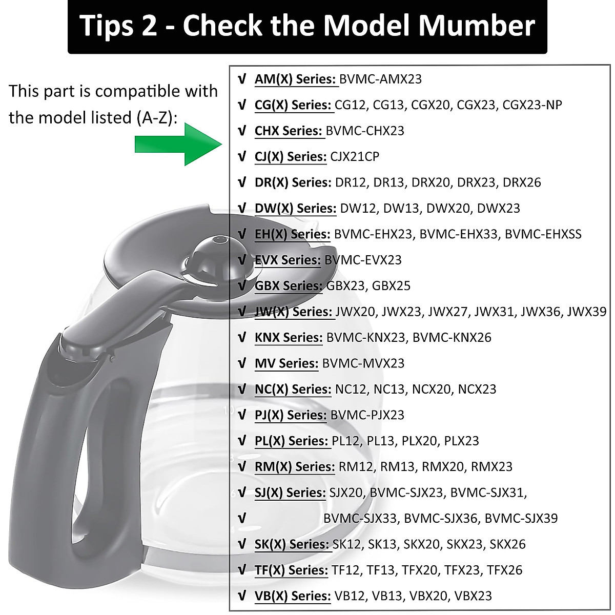 BESBARISTA 12-Cup Glass Replacement Carafe for Mr. Coffee Model #SK12, SK13, EHX23, JWX31, SJX23, SJX39 (Black, Replaces PLD12-RB)