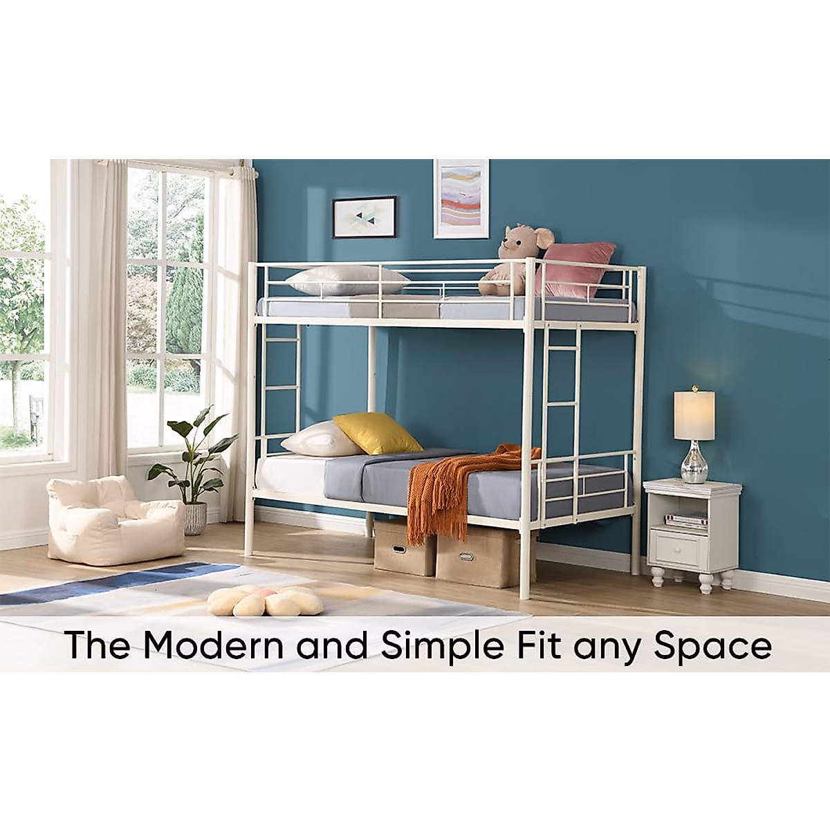 HomJoones Metal Bunk Bed Twin Over Twin Sturdy Heavy Duty Bunk Beds with 2 Side Ladders,Space Saving,No Box Spring Needed,for Boys Girls Teens Adults, Bedroom, Dormitory (White)