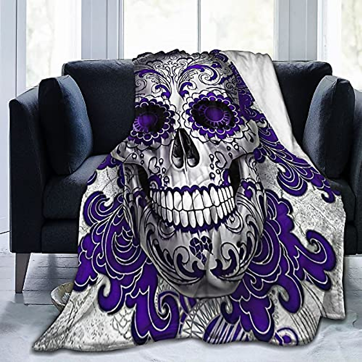 Blue Sugar Skull Floral Throw Blanket Warm Ultra-Soft Micro Fleece Blanket for Bed Couch Living Room Decoration