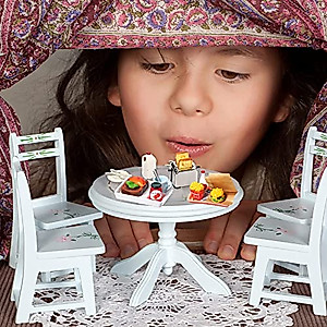 28Pcs Dollhouse Furniture Set, 1/12 Dollhouse Decoration 1Pc Wooden Dining Table and 4Pcs Chair, 1Pc Mini Carpet Turkey Rugs, 4 Sets Dinner Plate for Kids Gift