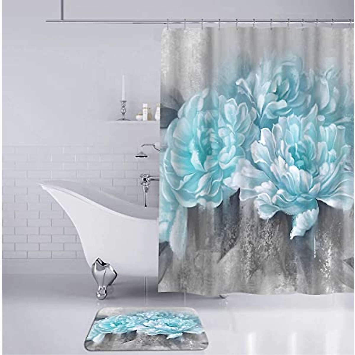 DuoBaorom 4 Pieces Set Teal Blue Flower Shower Curtain Set Elegant Floral Picture Print on Non-Slip Rugs Toilet Lid Cover Bath Mat and Bathroom Curtain with 12 Hooks 72x72inch