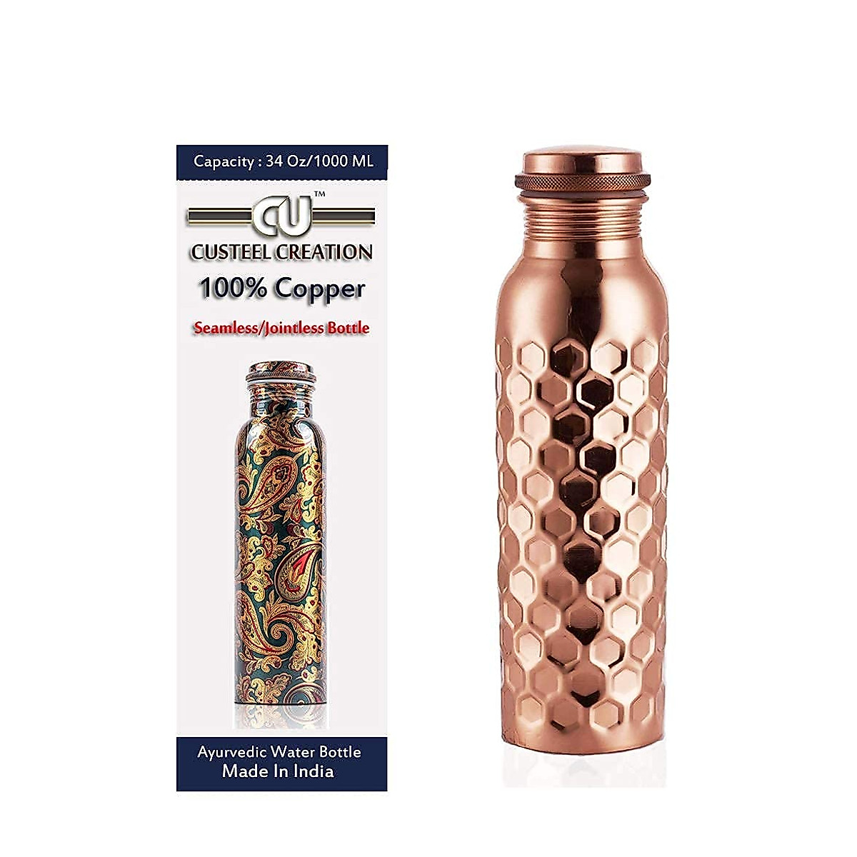 Custeel Creation Pure Copper 1L Water Bottle - (99.74%) Jointless Seamless Copper Flask (Diamond Finish)