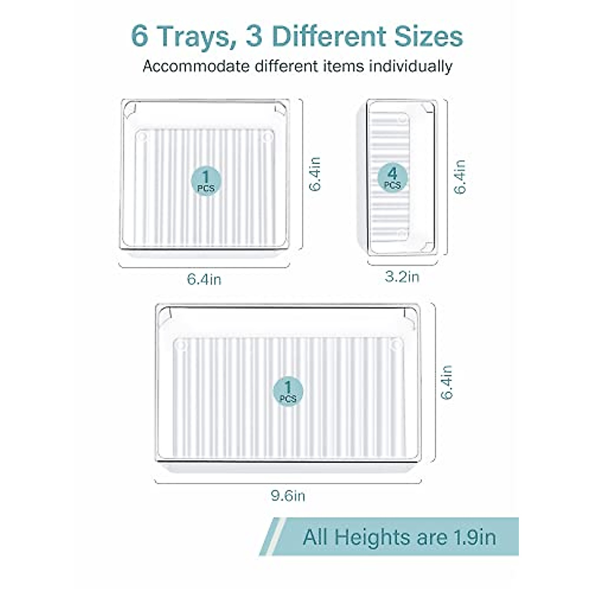 Kootek 6 Pcs Drawer Organizer Set, 3-Size Bathroom Drawer Organizers Makeup Trays Vanity Desk Dividers Versatile Storage Bins Clear Plastic Drawer Organization Container for Dresser, Kitchen, Office