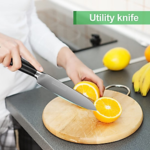 BAERFO Kitchen Knife Block Sets for Stainless Steel (6pcs Kitchen Knife Set with Stand) with Sturdy Knife,Santoku Chef Knife,Utility Knife and Knife Sharpener,Kitchen Scissor that Chef Knives Set