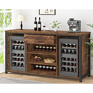 LVB Large Bar Cabinet with Fridge Space, Rustic Long Liquor Cabinet with Drawer Storage, Farmhouse Wood Metal Wine Cabinet with Rack, Sideboard Buffet for Kitchen Dining Room, Rustic Brown, 70 Inch