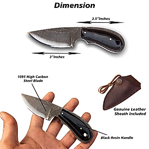 TH knives Handmade1095 High Carbon Steel Neck knife, Vintage Fixed Blade Hunting knife, Full Tang Blade Pocket knife with Black Resin Handle, Utility knife, Leather sheath Included (1095 Steel Black Resin)