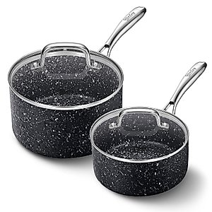 HLFRG Saucepan Set with Lid, Nonstick 2Qt & 3Qt Sauce Pan Set with Lid, Small Pot with Lid, Natural Granite Nonstick Saucepan Set, Small Sauce Pots, Black Pot Set - 2Qt & 3Qt