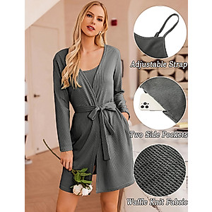 Ekouaer Womens 3 Piece Waffle Knit Lounge Set Soft Pajama Sets Tank Top and Shorts Cardigan with Pockets (Grey, XL)