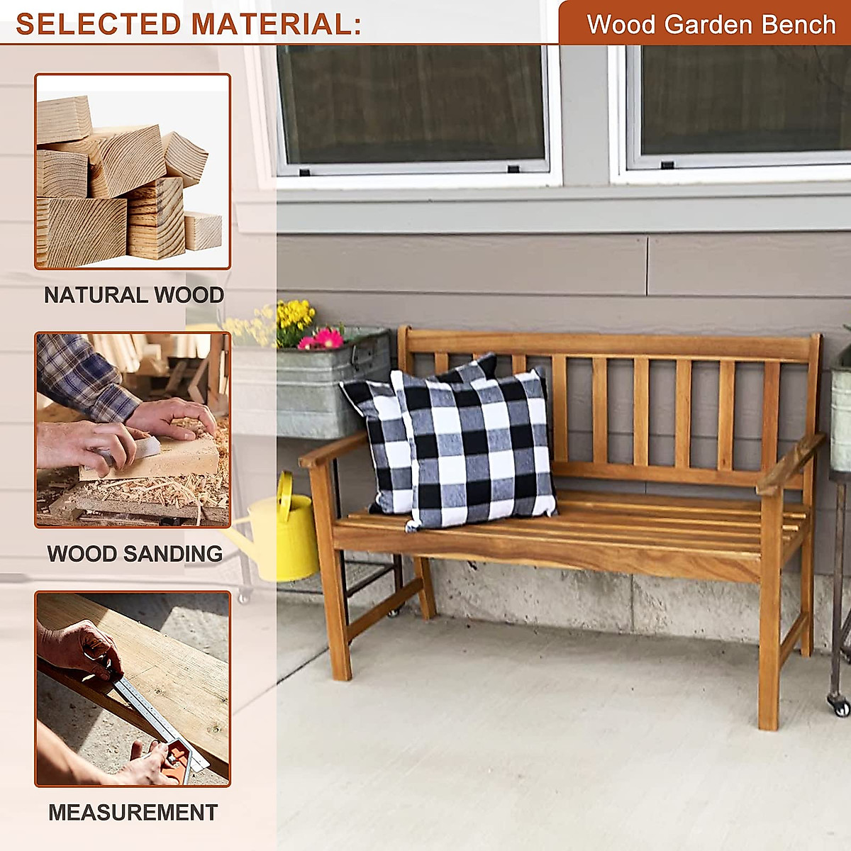 BSTOPHKL Outdoor Wood Bench 2-Person Garden Bench 705Lbs Weight Capacity Acacia Wood Patio Bench for Porch Lawn Balcony Backyard, Nature