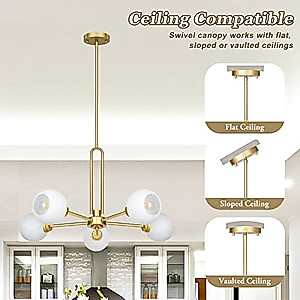 Gold Globe Chandelier Pendant Lighting, 5-Light Kitchen Light Fixtures, Mid-Century Modern Large Semi-Flush Ceiling Light Fixture with Frosted Globe Glass for Dining Room Living Room Bedroom Brass
