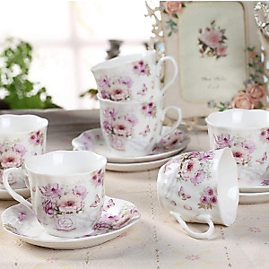 GuangYang China Tea Cups and Saucers Set of 6-7ounce/200ml - Tea Gift Sets for Adults - Purple Floral Porcelain TeaCup with Saucer for Tea Party(Total 12 Pieces)