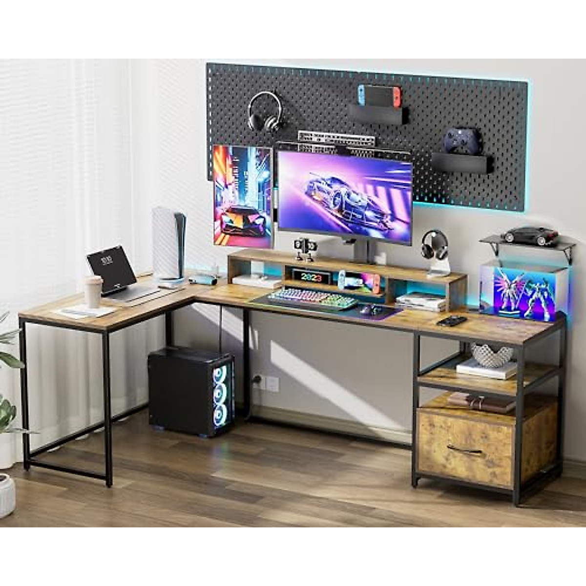 VEELOK L Shaped Desk - 87" L Shaped Gaming Desk with Power Outlet & Monitor Shelf, Home Office Corner Computer Desk with Printer Shelf & File Drawer, Rustic Brown