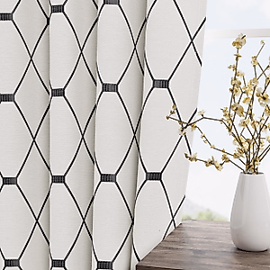 Joywell Cream Linen Textured Curtains 84 inches Long for Living Room Embroidered Farmhouse Window Curtain Grommet Drapes 2 Panels Heavy Cotton Curtains Black Checkered Pattern on Beige