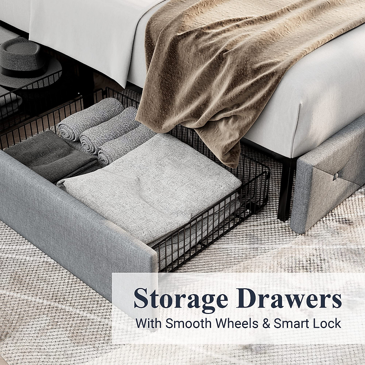 Allewie Upholstered Queen Size Platform Bed Frame with 4 Storage Drawers and Headboard, Diamond Stitched Button Tufted Mattress Foundation with Wooden Slats Support, Light Grey