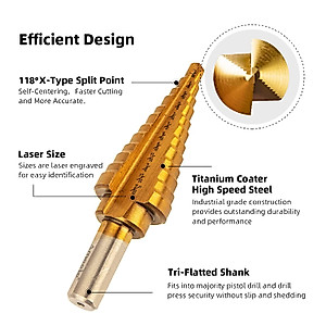 amoolo Titanium Step Drill Bit Set (5Pcs), Total 50 Sizes High Speed Steel (HSS) Unibit with Double Flute Cutting Blades for Soft Metal Sheet, Wood, Plastic, Multiple Hole Drilling Cone Bit Set