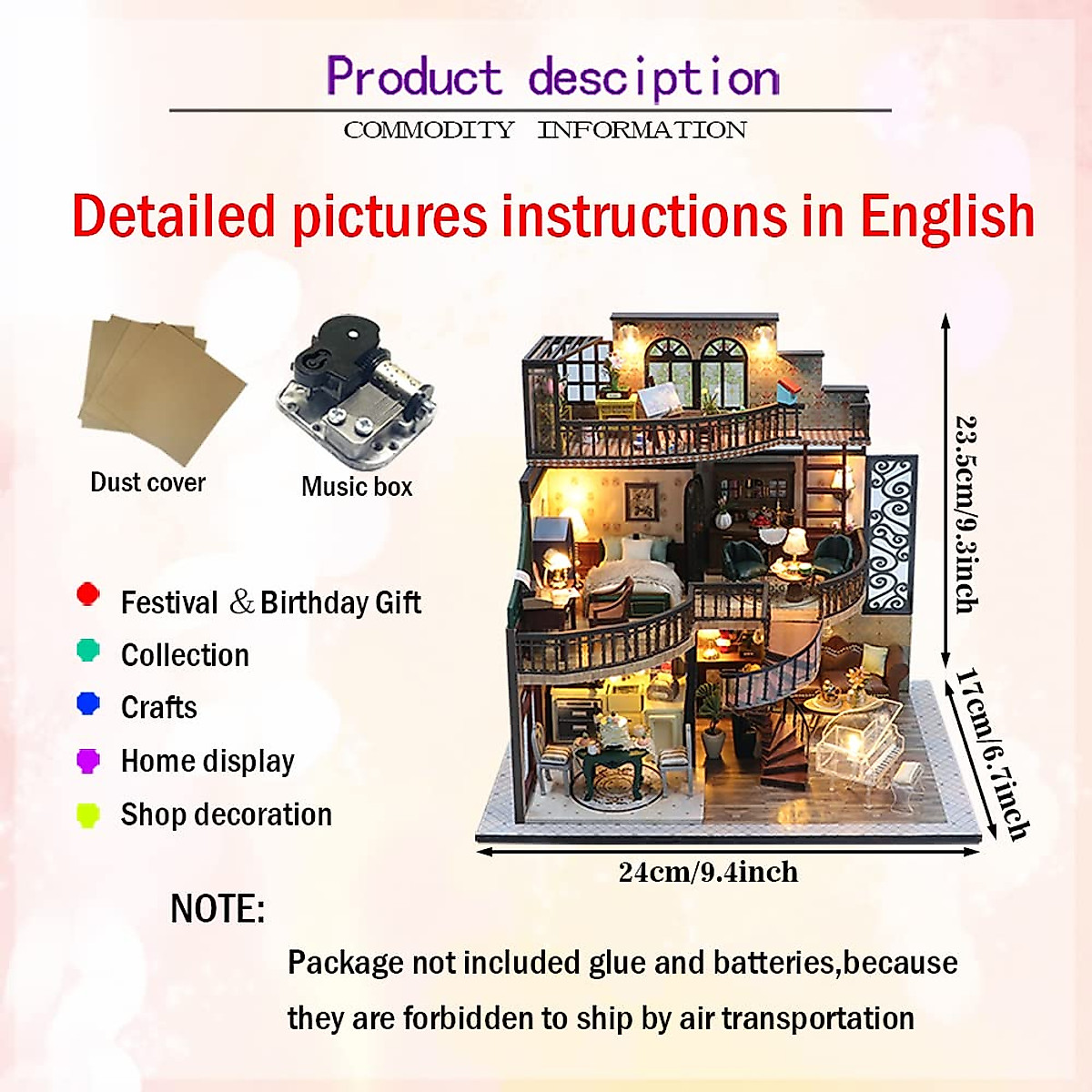 SYCW DIY Dollhouse Miniature Wooden Furniture Kit with Dust Cover and Music Box, Doll House Kit with LED Light, Mini Handmade Wooden Dollhouse Toys, Multicolored