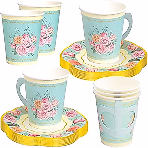 ceiba tree Tea Party Decorations Paper Tea Cups with Handles and Saucers Disposable Floral Birthday Supplies Favors 24 Sets