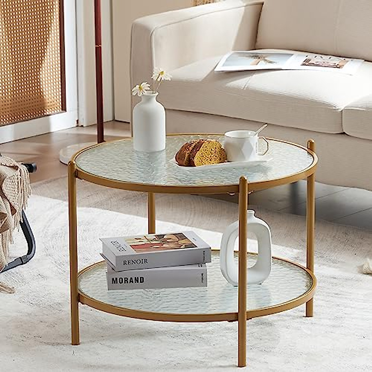 VINGLI 25.6" Small Matte Gold Round Coffee Table Water-Wave Glass Circle Clear Coffee Table, Center Table with 2-Tier Modern Storage Design for Living Room, Bedroom, Meeting Room, Balcony, Patio