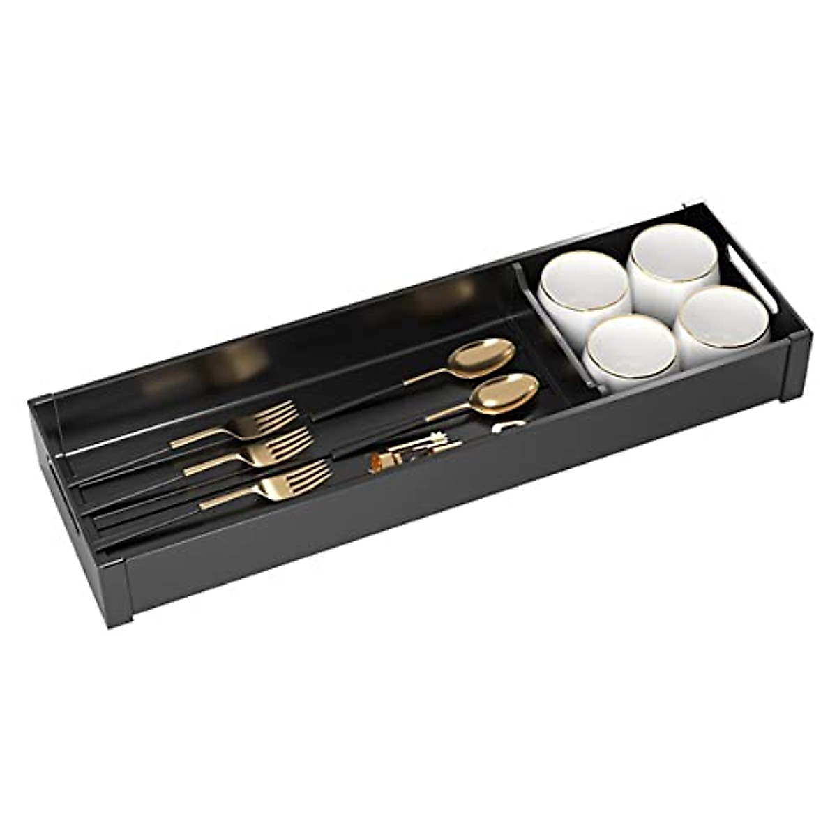 Black Kitchen Drawer Organizer with Two Adjustable Compartments,Flatware Organizer for Silverware,Cutlery or Kitchen Gadgets,Aluminum Body, Plastic Sliding Partition Plate and Handles (5.9W×16.14L)