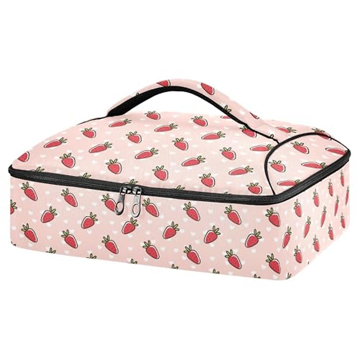 Kcldeci Insulated Thermal Food Carrier Insulated Casserole Carrier for Hot or Cold Food,Strawberry on A Pink Hearts Insulated Tote Bag for Potluck Cookouts Parties Picnic,Lasagna Lugger