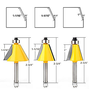 MEIGGTOOL 3Pcs Chamfer Router Bit Set, 1/4-Inch Shank Round Nose, Cutting Angle: 15, 22.5, 30 Degree, 1 Inch Cutting Length
