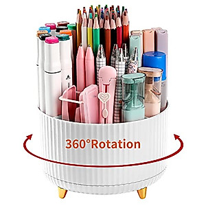 Desk Pencil Pen Holder, 5 Slots 360°Degree Rotating Pencil Pen Organizers for Desk, Desktop Storage Stationery Supplies Organizer, Cute Pencil Cup Pot for Office, School, Home, Art Supply, White
