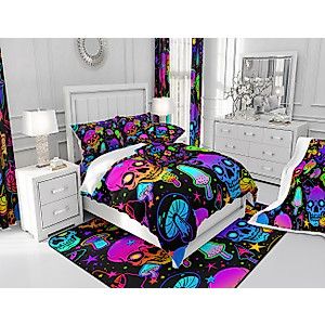 Feelyou Halloween Bedding Set Kids Sugar Skull Comforter Set Mushroom Comforter for Room Decor Lightweight Fluorescent Style Duvet Set with 1 Pillow Case