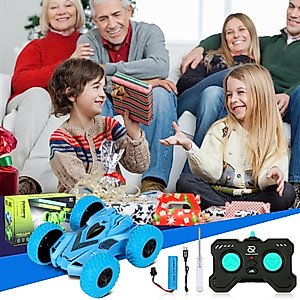 RC Stunt Cars RC Cars with Lights UP 4WD 2.4Ghz Double Sided 360° Rotating RC Truck Cool Surprise for 6 Year Old Boy Gifts Kids Xmas Toy Cars for Boys Girls(Blue)