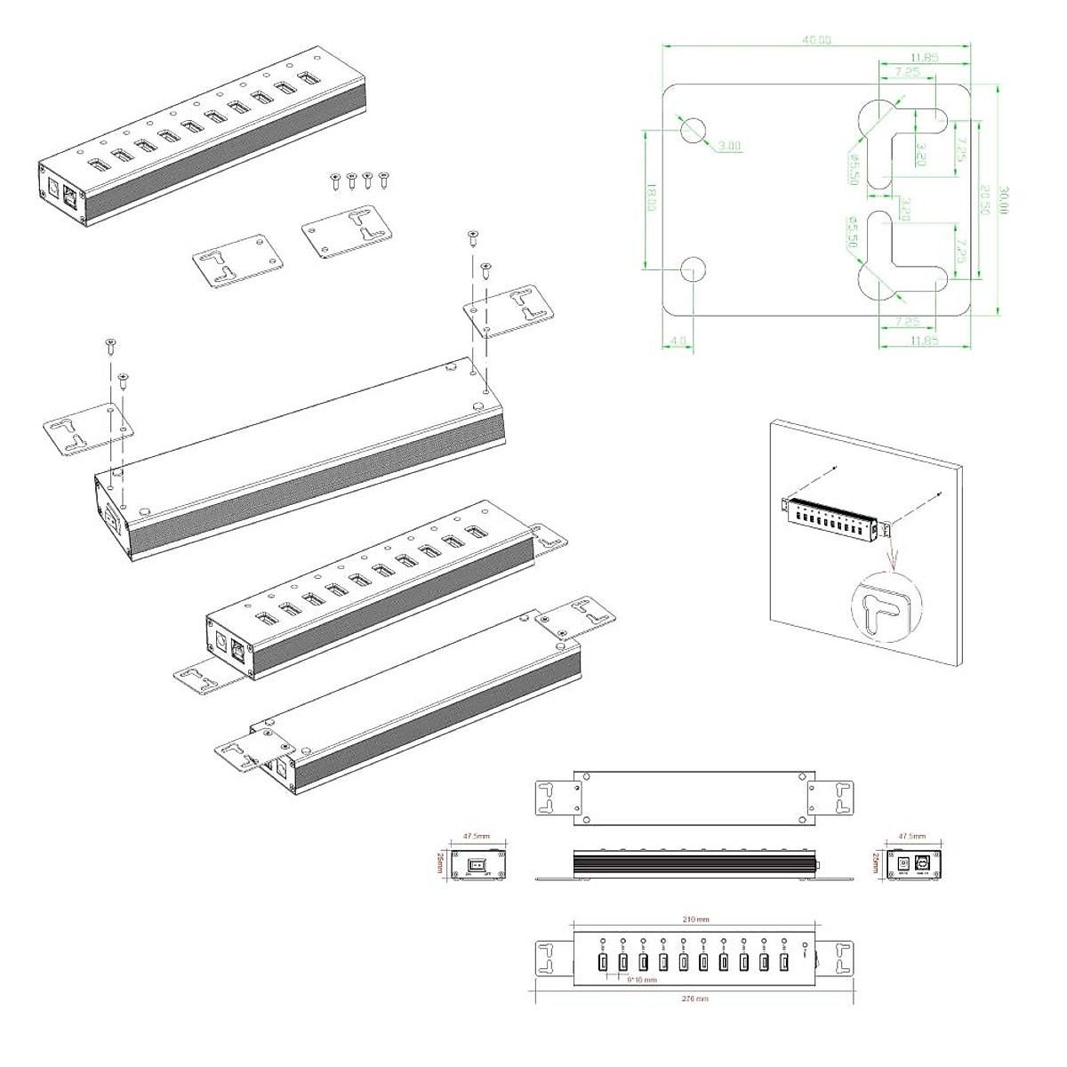 Vantec 10-Port USB 3.0 Hub, Aluminum, Full Powered, Mountable, with All Ports Data & Charging Up to 1.5A, BC 1.2, Premium 12V/5A, 60W Power Adapter (UGT-AH110U3-BK),Black